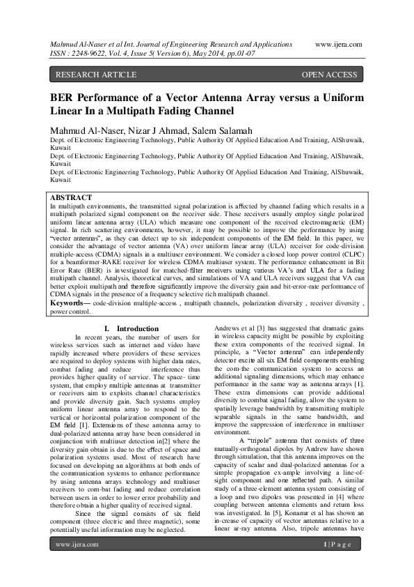 (PDF) BER Performance of a Vector Antenna Array versus a Uniform Linear In a Multipath Fading ...