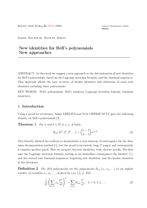 (PDF) New identities for Bell’s polynomials New approaches
