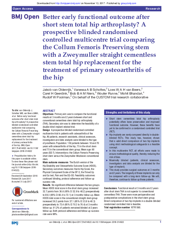(PDF) Better early functional outcome after short stem total hip ...