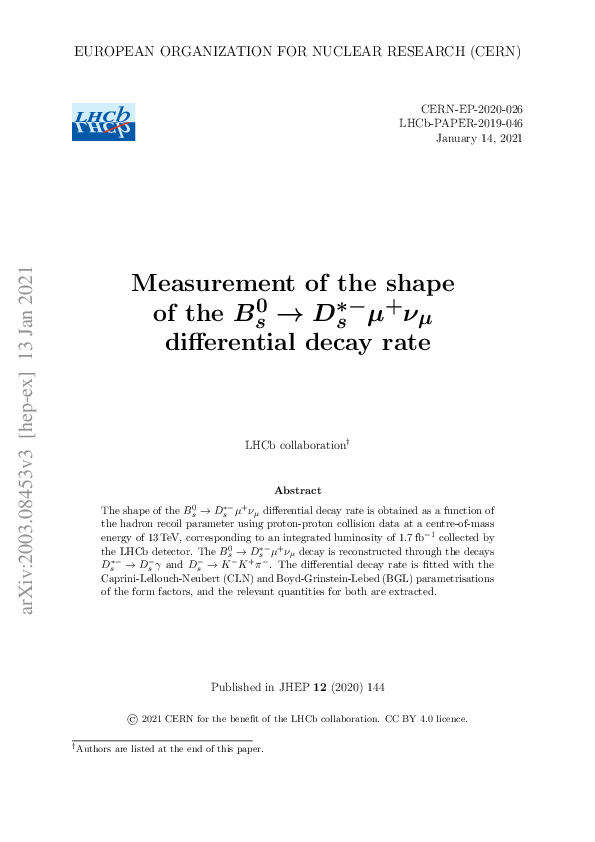 (PDF) Measurement of the shape of the $ {B}_s^0\to {D}_s^{\ast -}{\mu ...