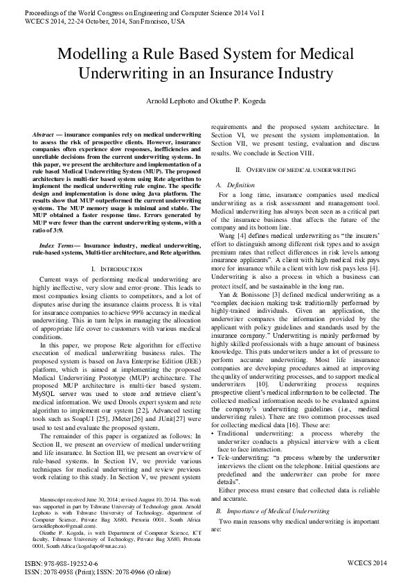 (PDF) Modelling a Rule Based System for Medical Underwriting in an ...