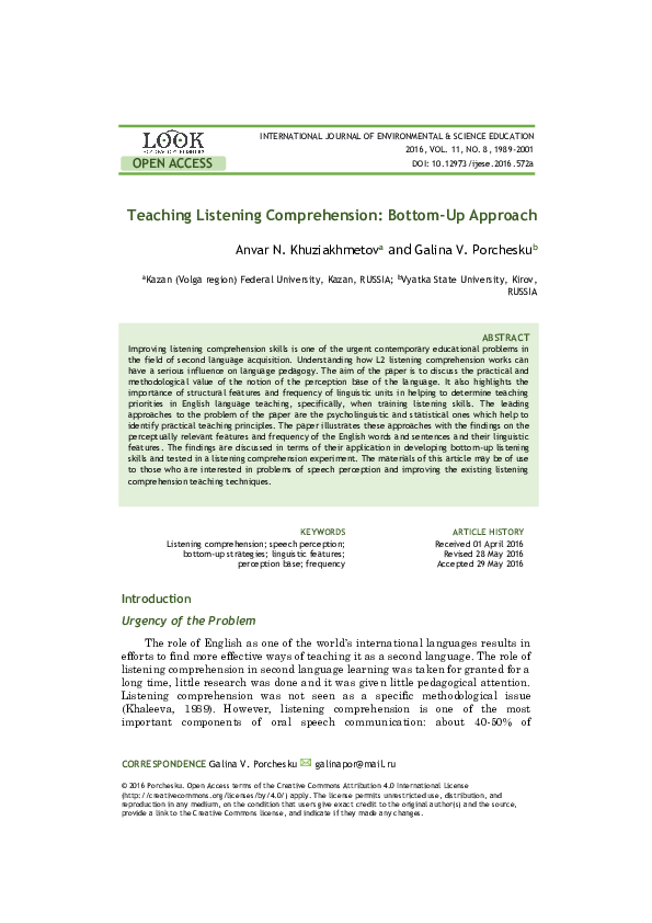 (PDF) Teaching Listening Comprehension: Bottom-Up Approach