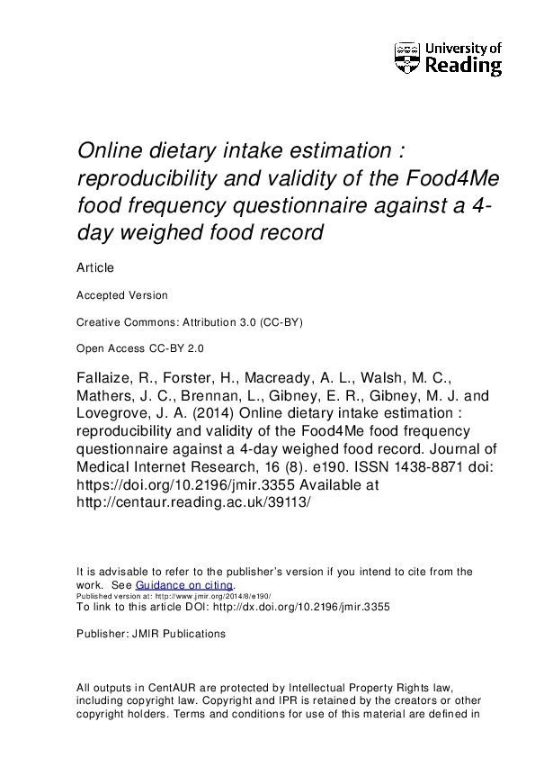 (PDF) Online dietary intake estimation: reproducibility and validity of ...