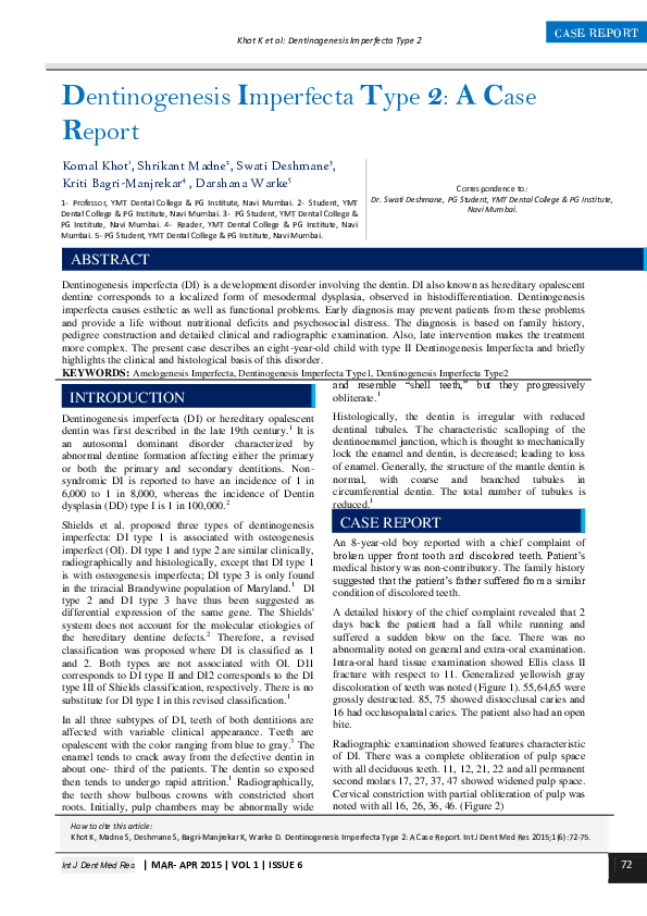 (PDF) Dentinogenesis Imperfecta Type 2: A Case Report