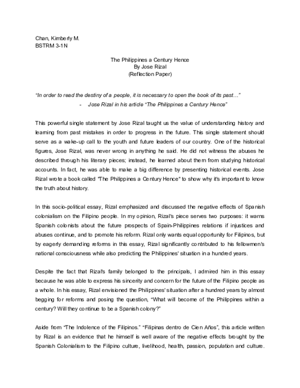 (DOC) Chan, Kimberly M. (The Philippines a Century Hence Reflection Paper)