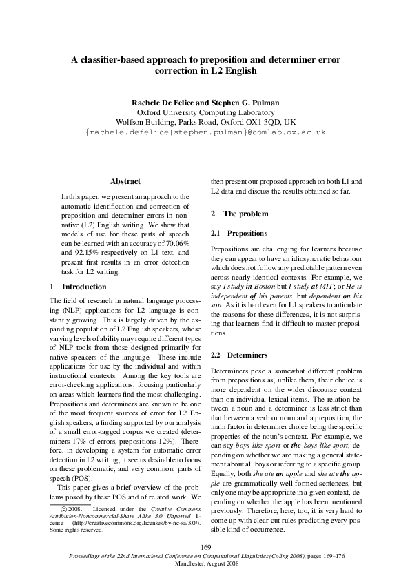 (PDF) A classifier-based approach to preposition and determiner error correction in