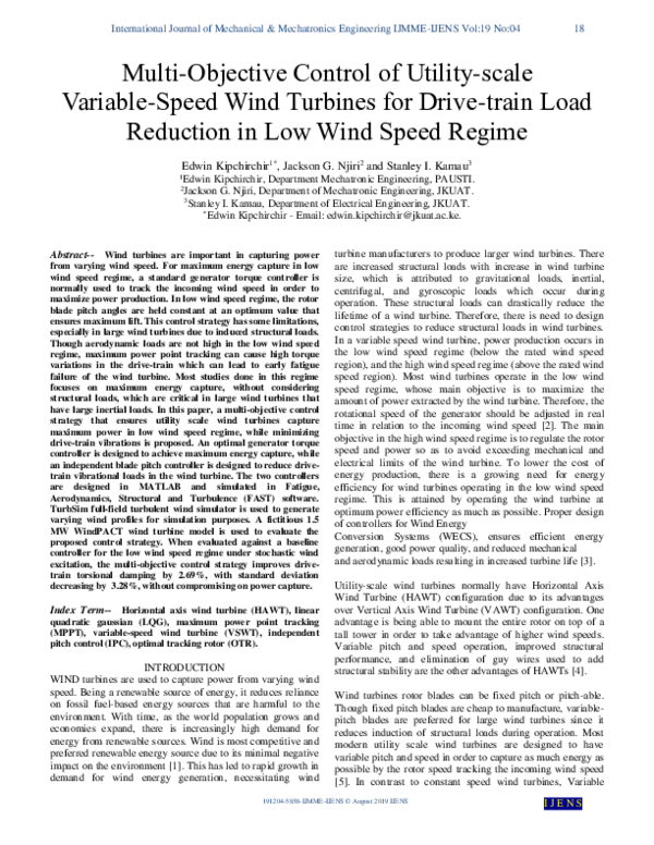 Pdf Multi Objective Control Of Utility Scale Variable Speed Wind