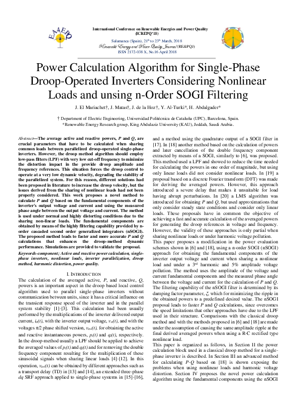 (PDF) Power Calculation Algorithm for Single-Phase Droop-Operated ...