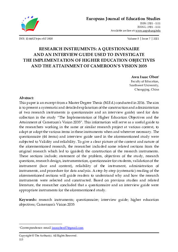 (PDF) Research Instruments: A Questionnaire and an Interview Guide Used ...