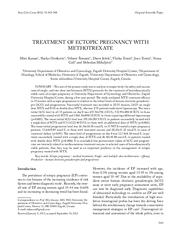 (PDF) Treatment of ectopic pregnancy with methotrexate