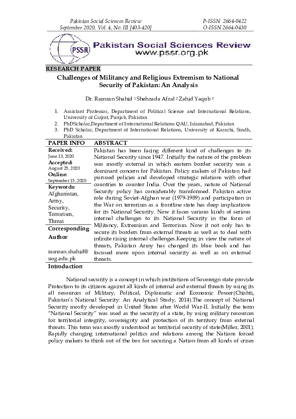 (PDF) Challenges of Militancy and Religious Extremism to National ...