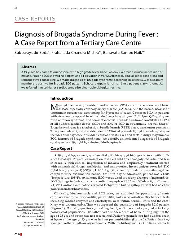 (PDF) Diagnosis of Brugada syndrome during fever: a case report from a ...