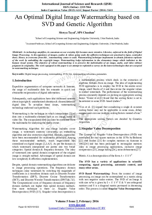 (PDF) An Optimal Digital Image Watermarking based on SVD and Genetic Algorithm