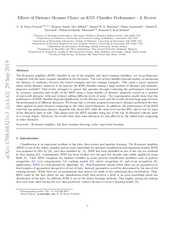 (PDF) Effects of Distance Measure Choice on KNN Classifier Performance ...