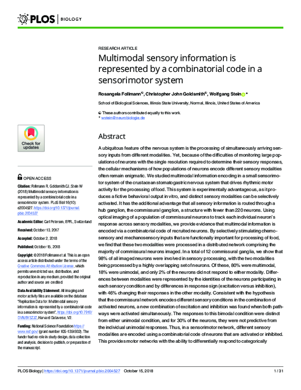 (PDF) Multimodal sensory information is represented by a combinatorial code in a sensorimotor system