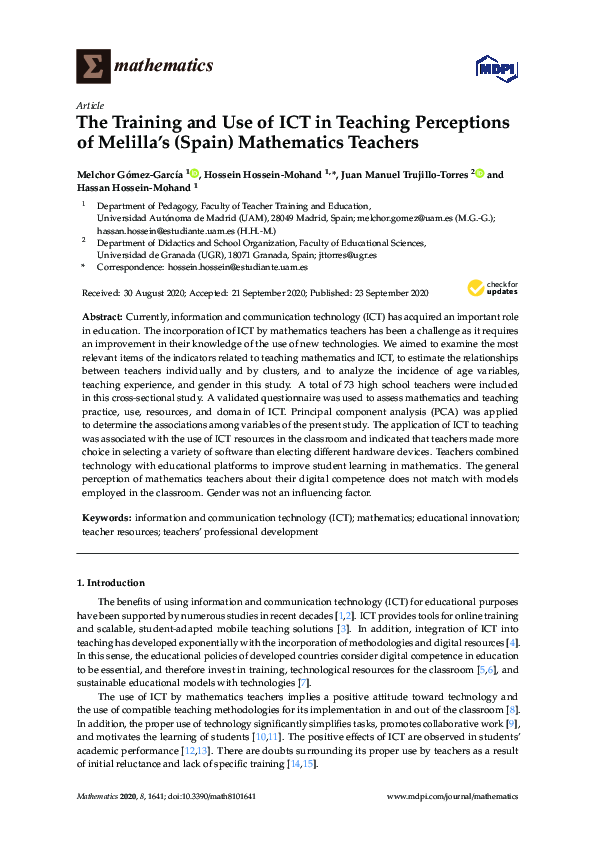 (PDF) The Training and Use of ICT in Teaching Perceptions of Melilla’s (Spain) Mathematics Teachers