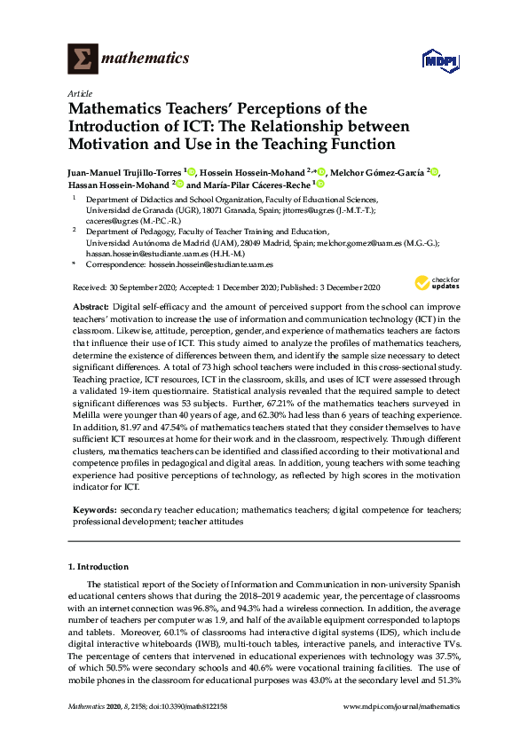 (PDF) Mathematics Teachers’ Perceptions of the Introduction of ICT: The Relationship between ...