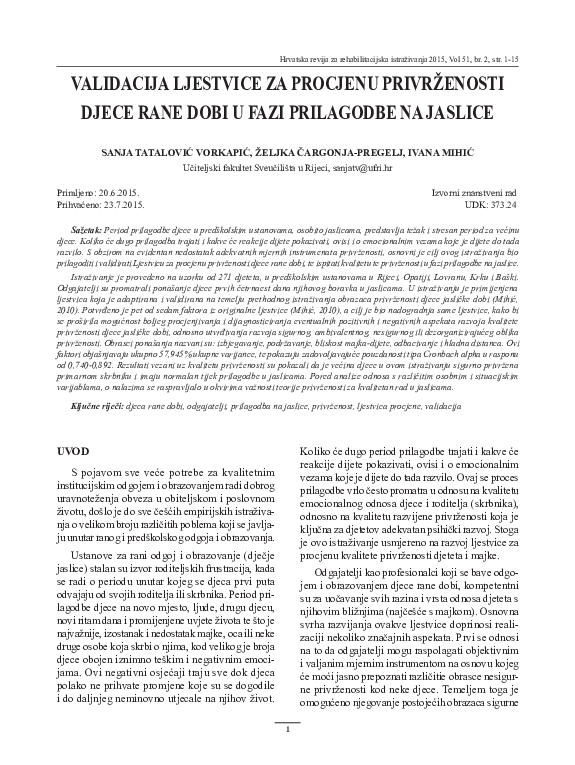 (PDF) Validacija ljestvice za procjenu privrženosti djece rane dobi u fazi prilagodbe na jaslice