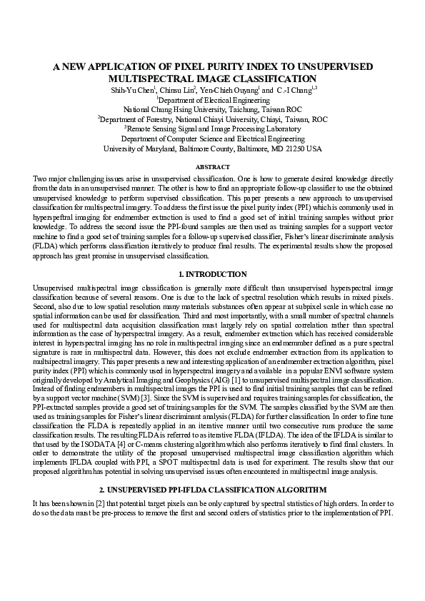 Pdf A New Application Of Pixel Purity Index To Unsupervised Multispectral Image Classification