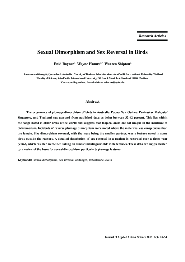 (PDF) Sexual Dimorphism and Sex Reversal in Birds