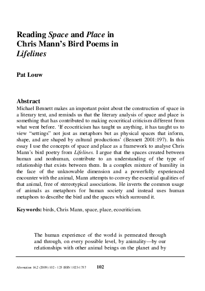 (PDF) Reading Space and Place in Chris Mann's Bird Poems in Lifelines