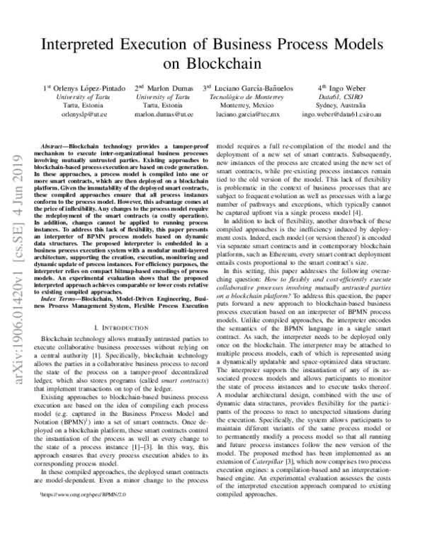 (PDF) Interpreted Execution of Business Process Models on Blockchain