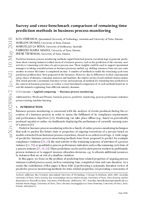 (PDF) Survey and Cross-benchmark Comparison of Remaining Time Prediction Methods in Business ...