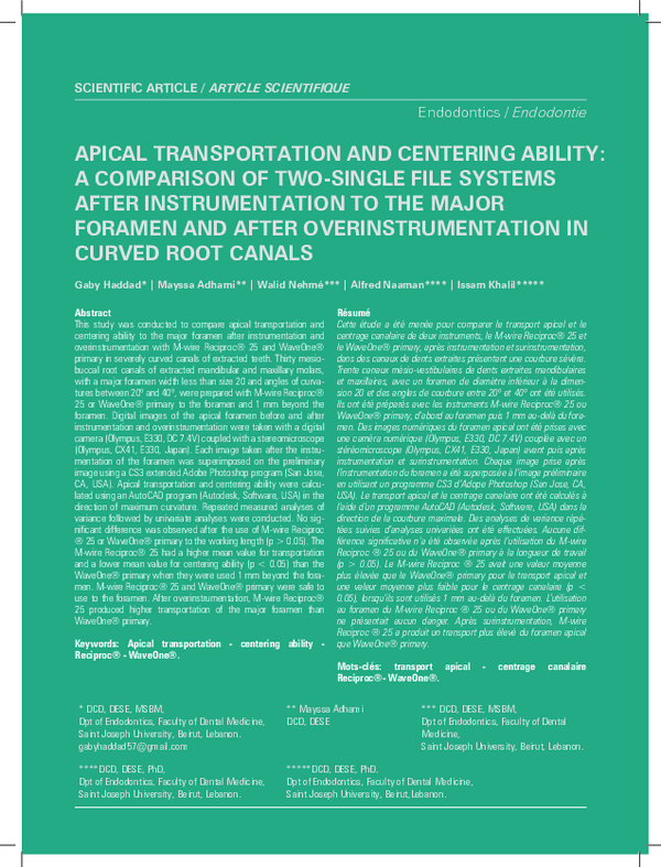 (PDF) SCIENTIFIQUE Endodontics / Endodontie APICAL TRANSPORTATION AND ...