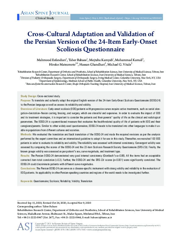 Pdf Cross Cultural Adaptation And Validation Of The Persian Version Of The 24 Item Early Onset