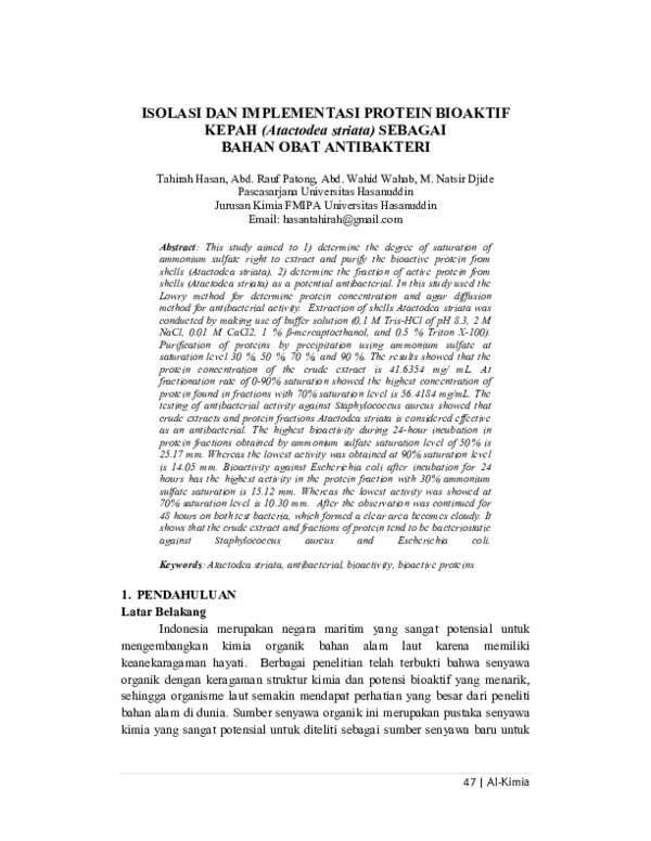 (PDF) Isolasi dan Implementasi Protein Bioaktif Kepah (Atactodea ...
