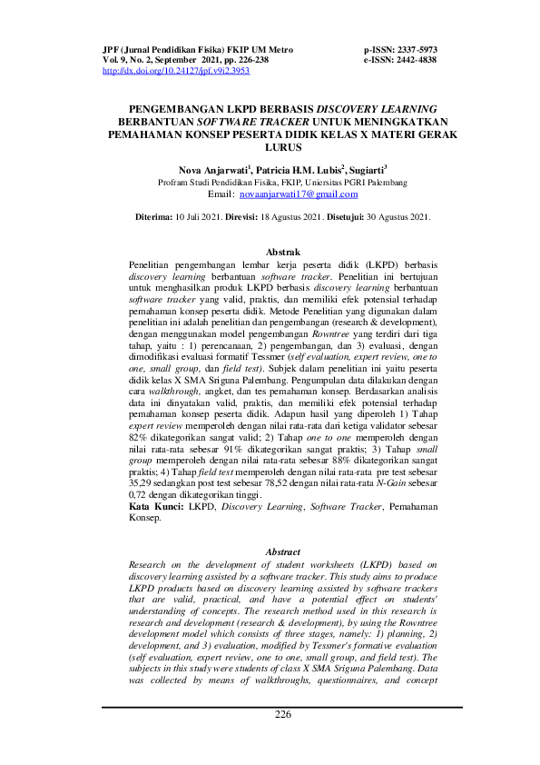 (PDF) Pengembangan LKPD Materi Gerak Lurus Berbasis Discovery Learning Berbantuan Software ...