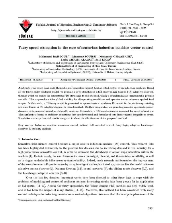 Pdf Fuzzy Speed Estimation In The Case Of Sensorless Induction