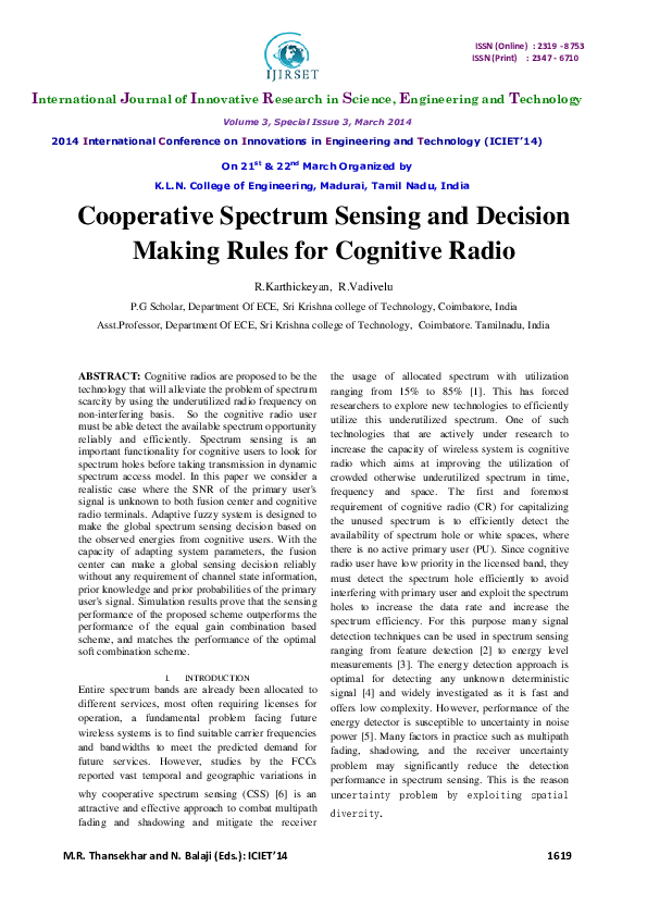 Pdf Cooperative Spectrum Sensing And Decision Making Rules For Cognitive Radio