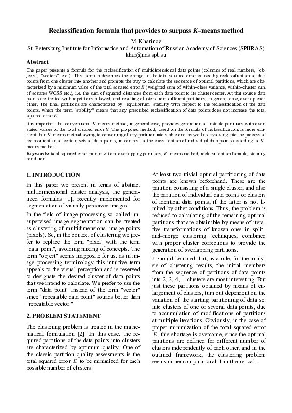 (PDF) Reclassification formula that provides to surpass K-means method