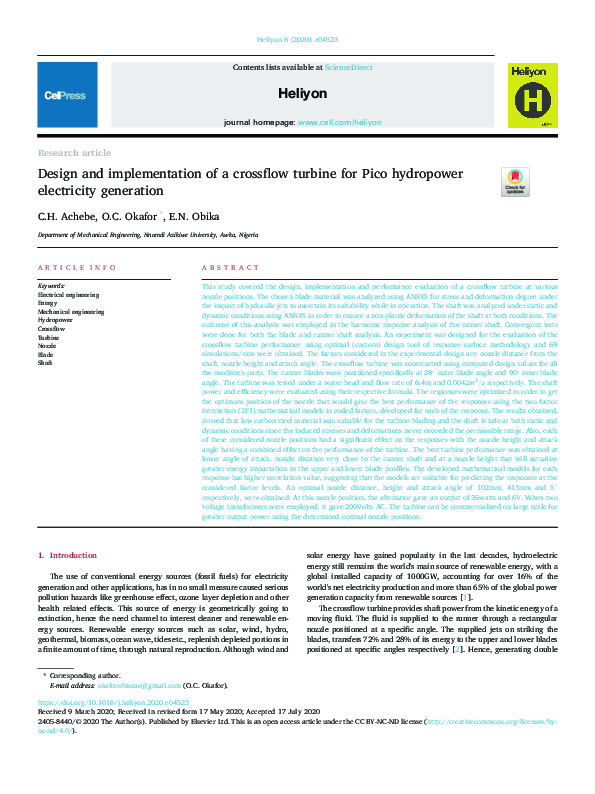 (PDF) Design and implementation of a crossflow turbine for Pico hydropower electricity generation