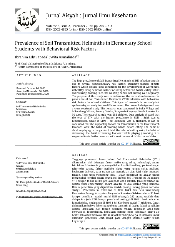 (PDF) Prevalence of Soil Transmitted Helminths in Elementary School Students with Behavioral ...