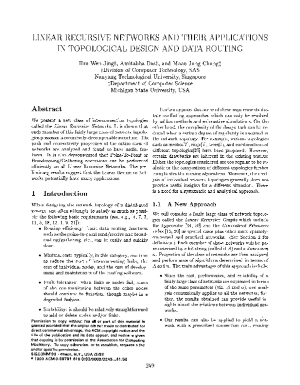 Pdf Linear Recursive Networks And Their Applications In Topological Design And Data Routing