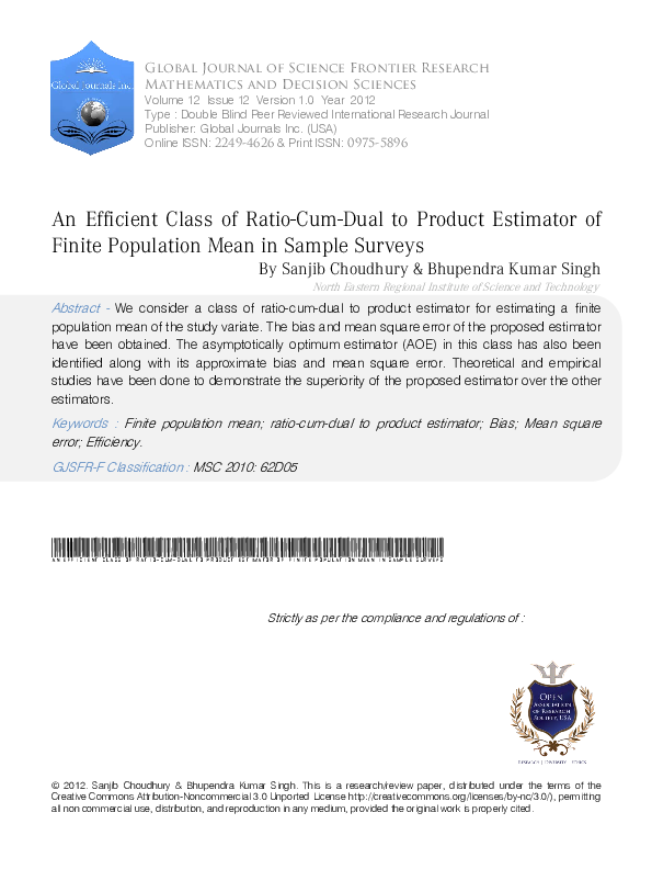 Pdf An Efficient Class Of Ratio Cum Dual To Product Estimator Of Finite Population Mean In