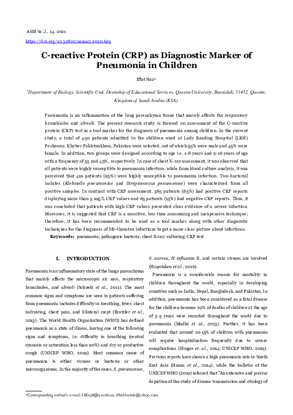 (PDF) C-reactive Protein (CRP) as Diagnostic Marker of Pneumonia in ...