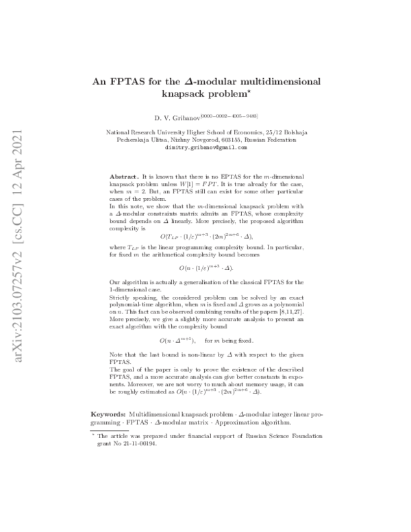 (PDF) An FPTAS for the Δ-modular multidimensional knapsack problem