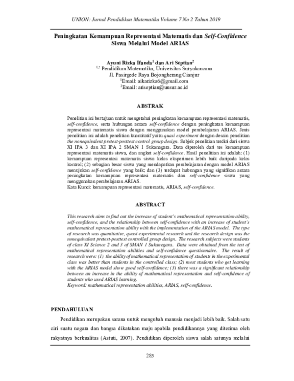 (PDF) Peningkatan Kemampuan Representasi Matematis Serta Self Confidence Siswa SMP Dengan ...