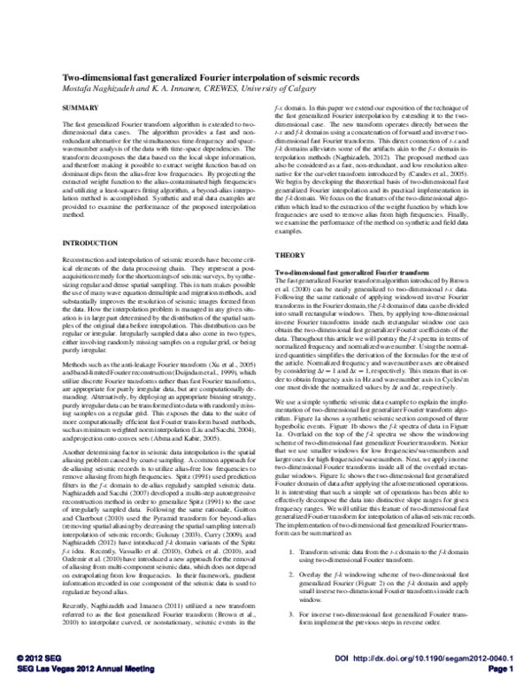 (PDF) Two-dimensional fast generalized Fourier interpolation of seismic records