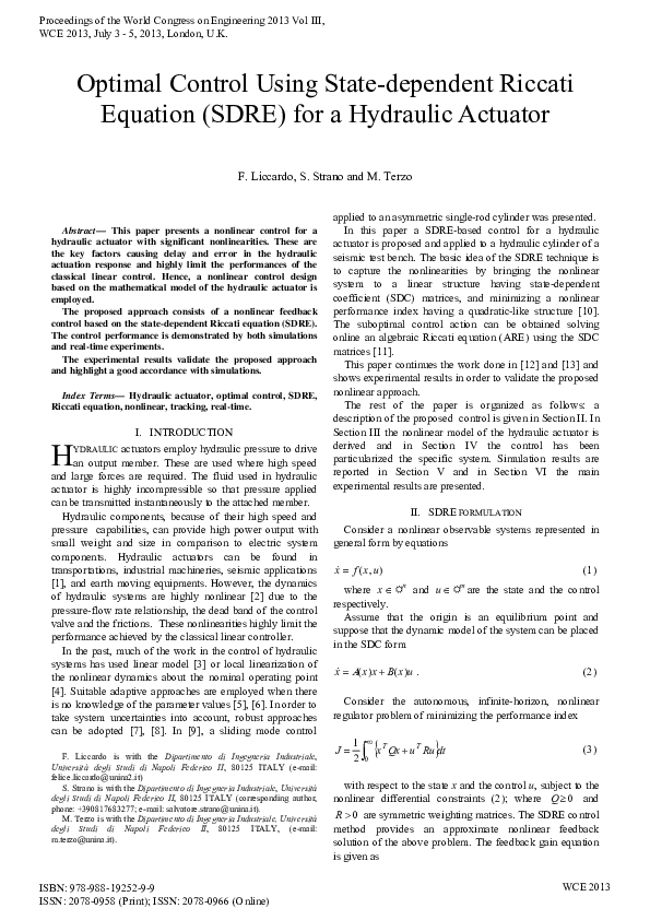 (PDF) Optimal control using state-dependent riccati equation (SDRE) for ...