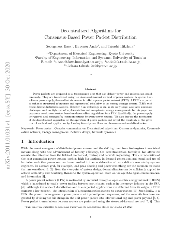(PDF) Decentralized Algorithms for Consensus-Based Power Packet ...