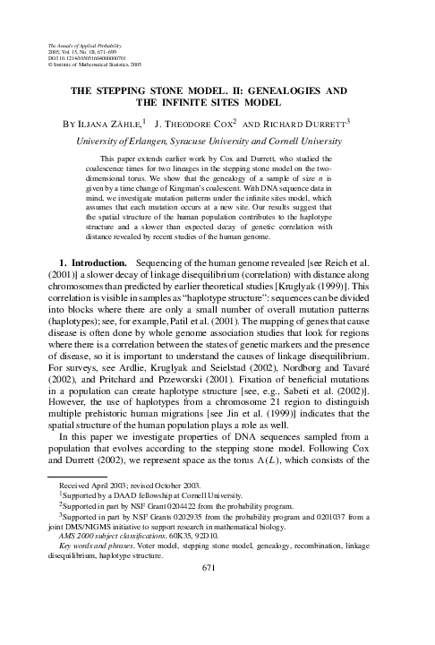 (PDF) The stepping stone model. II: Genealogies and the infinite sites ...