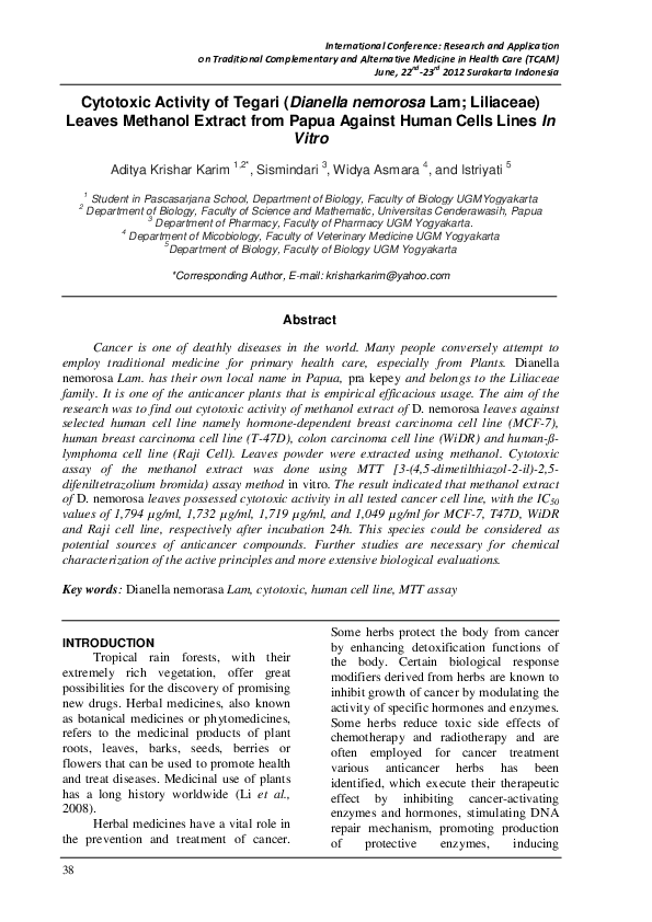 (PDF) Cytotoxic Activity of Tegari (Dianella nemorosa Lam.) Methanol Extract Against HeLa Cells