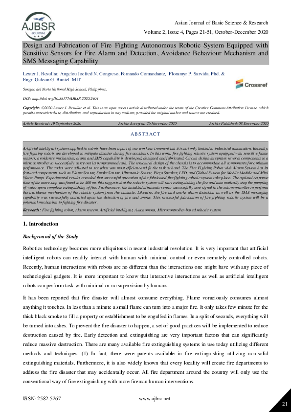 (PDF) Design and Fabrication of Fire Fighting Autonomous Robotic System Equipped with Sensitive ...