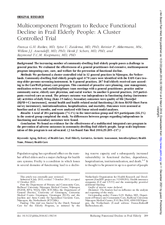 Pdf Multicomponent Program To Reduce Functional Decline In Frail Elderly People A Cluster