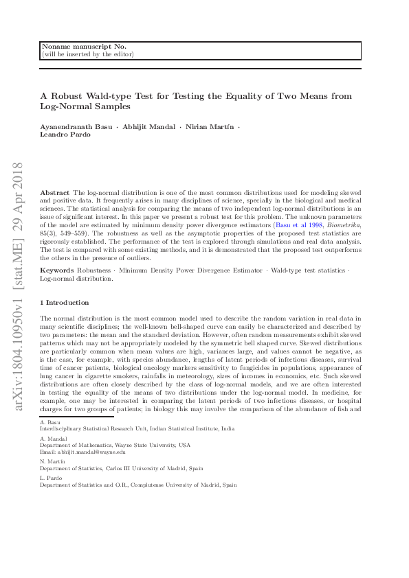 Pdf A Robust Wald Type Test For Testing The Equality Of Two Means From Log Normal Samples