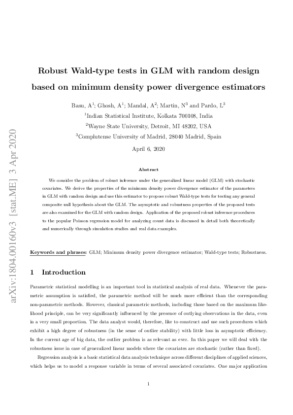Pdf Robust Wald Type Tests In Glm With Random Design Based On Minimum Density Power Divergence
